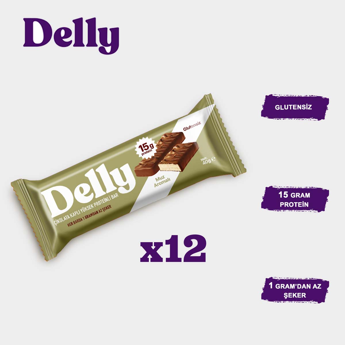 Delly Çikolata Kaplı, Yüksek Proteinli Bar, Muz Aromalı 40g X 12 Adet