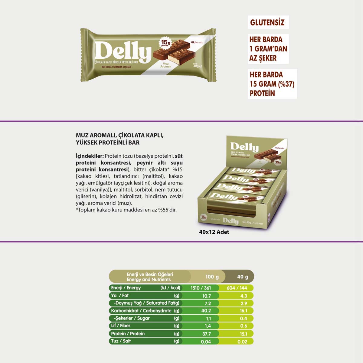 Delly Çikolata Kaplı, Yüksek Proteinli Bar, Muz Aromalı 40g X 12 Adet