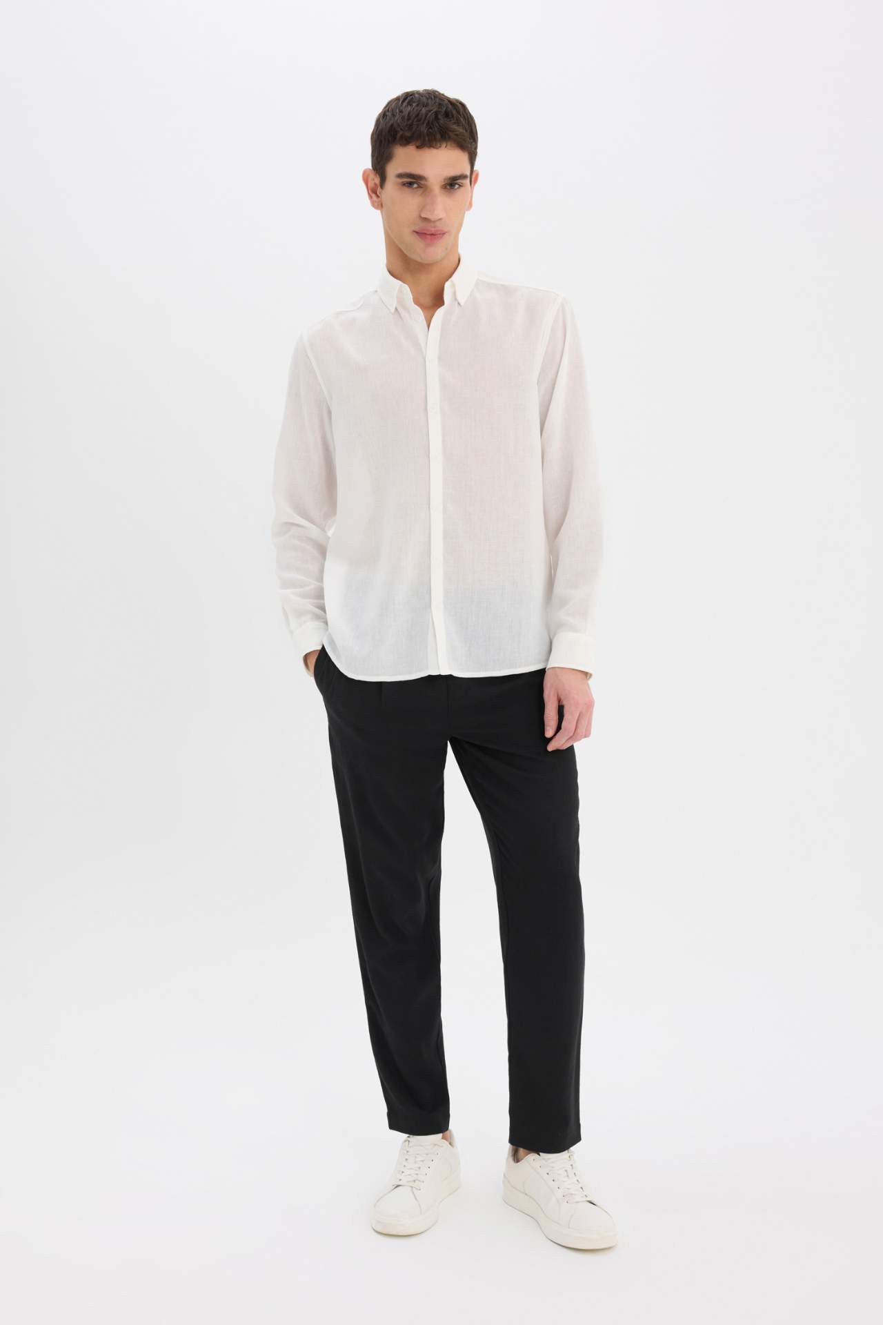 Regular Fit Polo Yaka Keten Görünümlü Uzun Kollu Gömlek